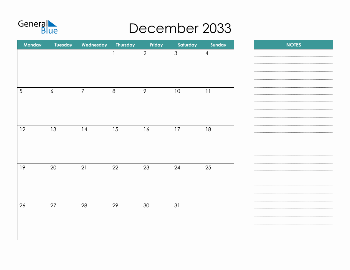 December 2033 Calendar Planner with Notes - Monday Start