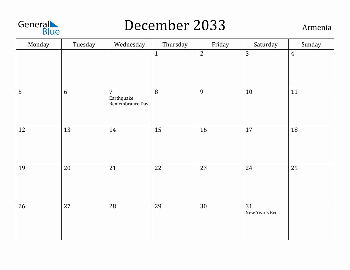 December 2033 - Armenia Monthly Calendar with Holidays