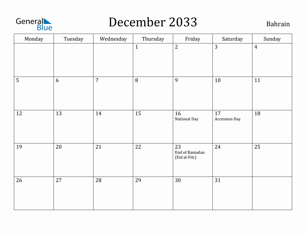 December 2033 Monthly Calendar with Bahrain Holidays (Monday Start)