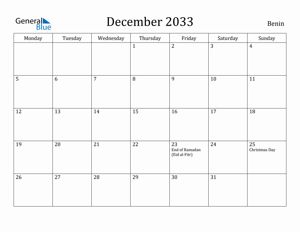 December 2033 - Benin Monthly Calendar with Holidays