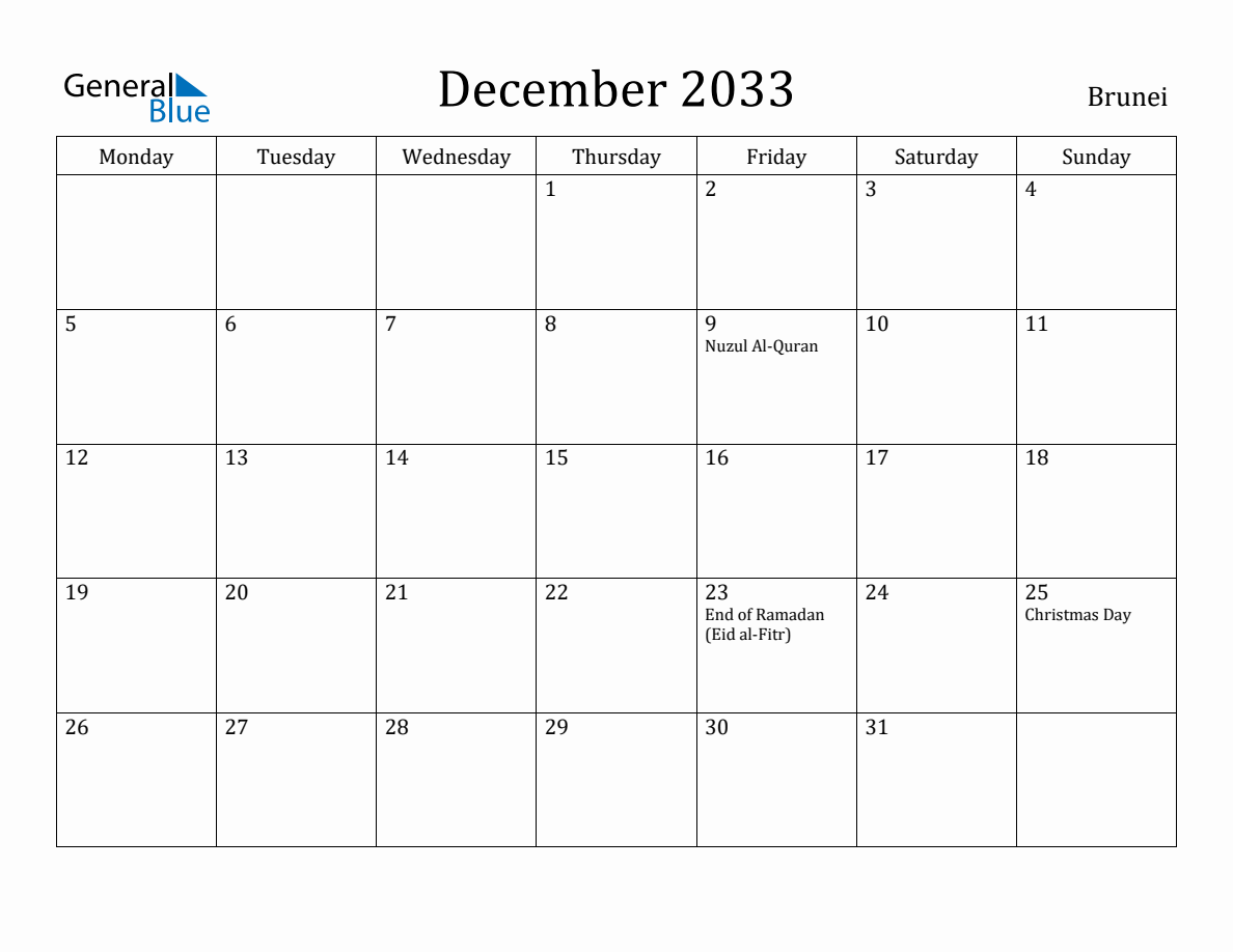 December 2033 Monthly Calendar with Brunei Holidays