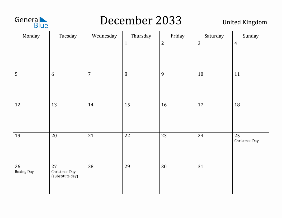 United Kingdom Monthly Calendar - December 2033 (Monday Start)