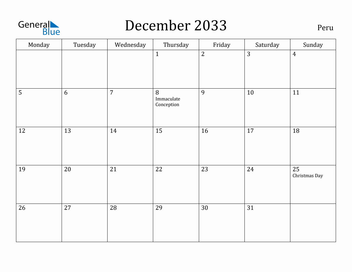 Peru Monthly Calendar - December 2033 (Monday Start)