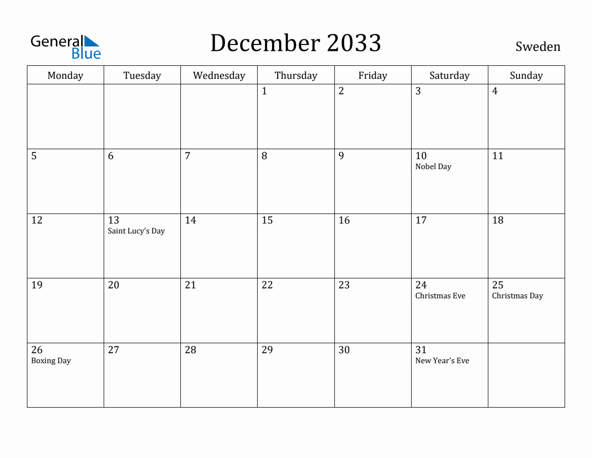 Sweden Monthly Calendar - December 2033 (Monday Start)