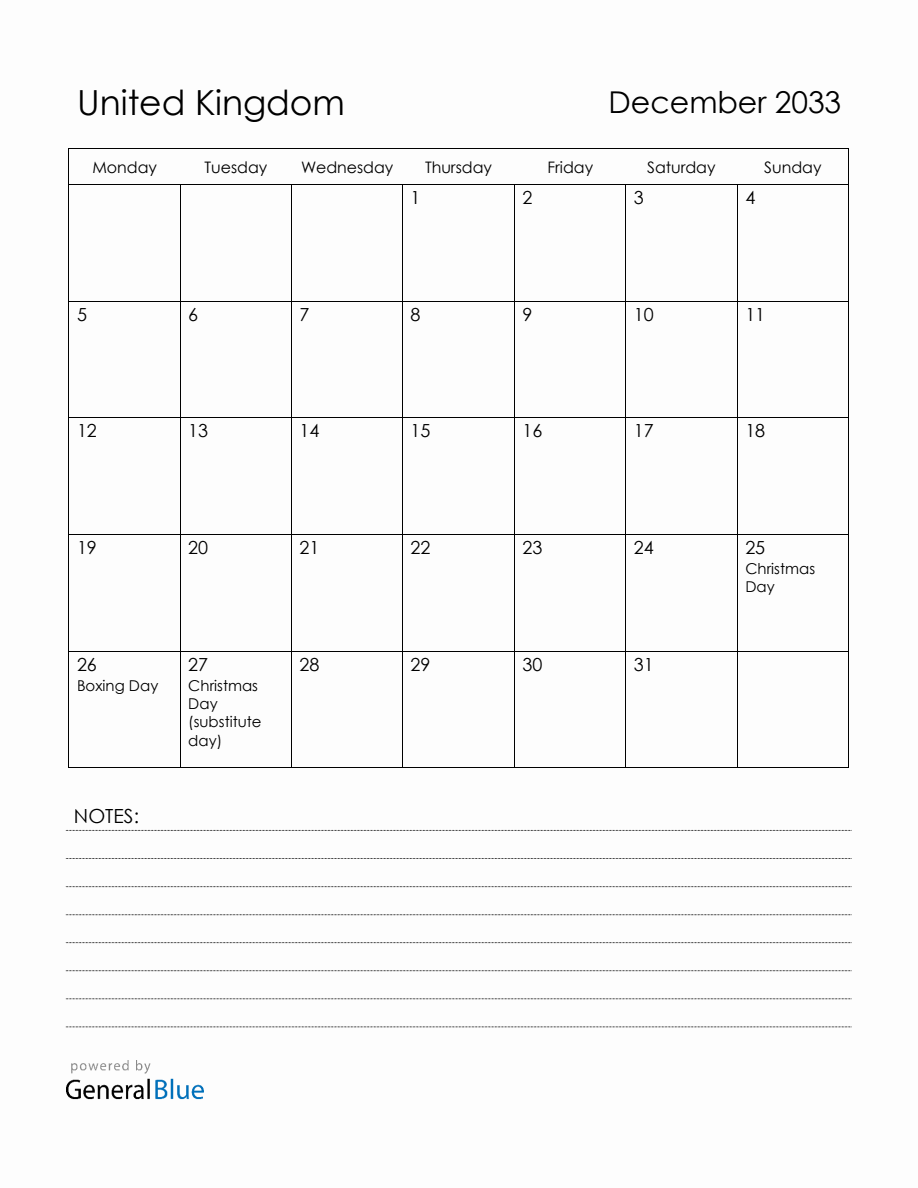 December 2033 United Kingdom Calendar with Holidays