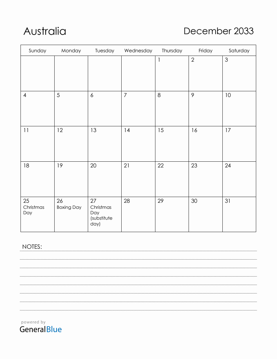 December 2033 Australia Calendar with Holidays