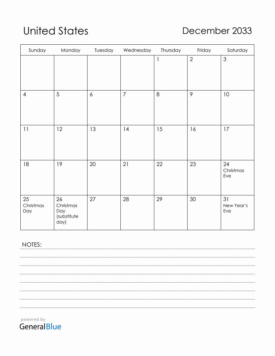 December 2033 United States Calendar with Holidays