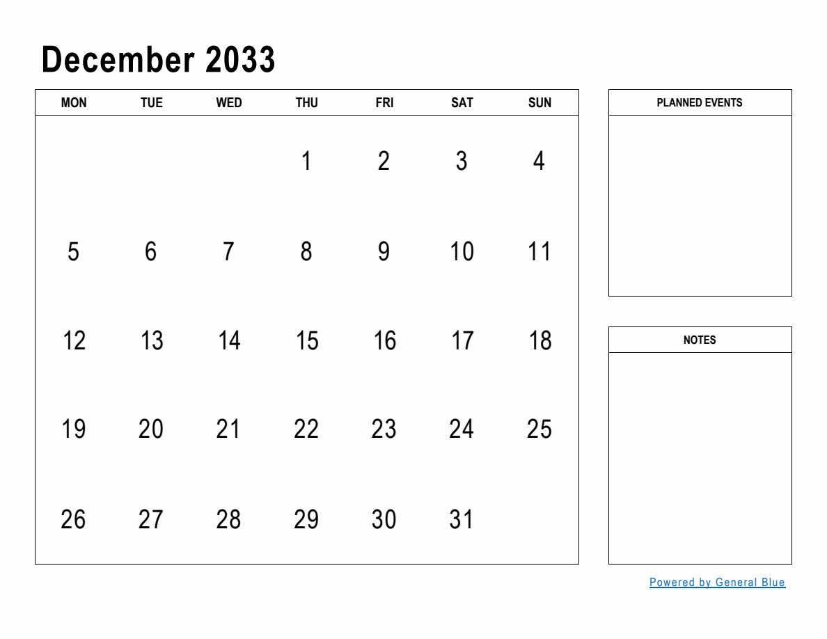December 2033 Monthly Planner - Monday Start