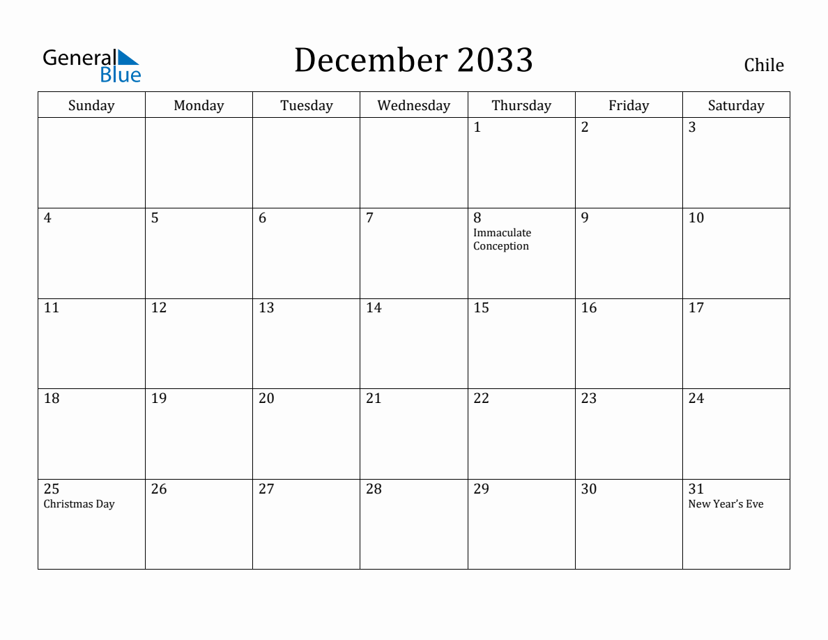 December 2033 Monthly Calendar with Chile Holidays