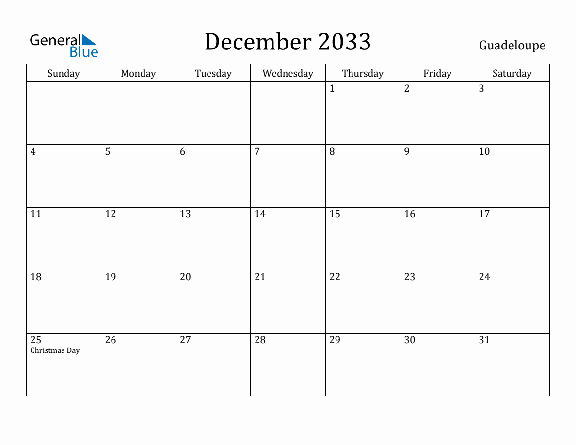 December 2033 Monthly Calendar with Guadeloupe Holidays