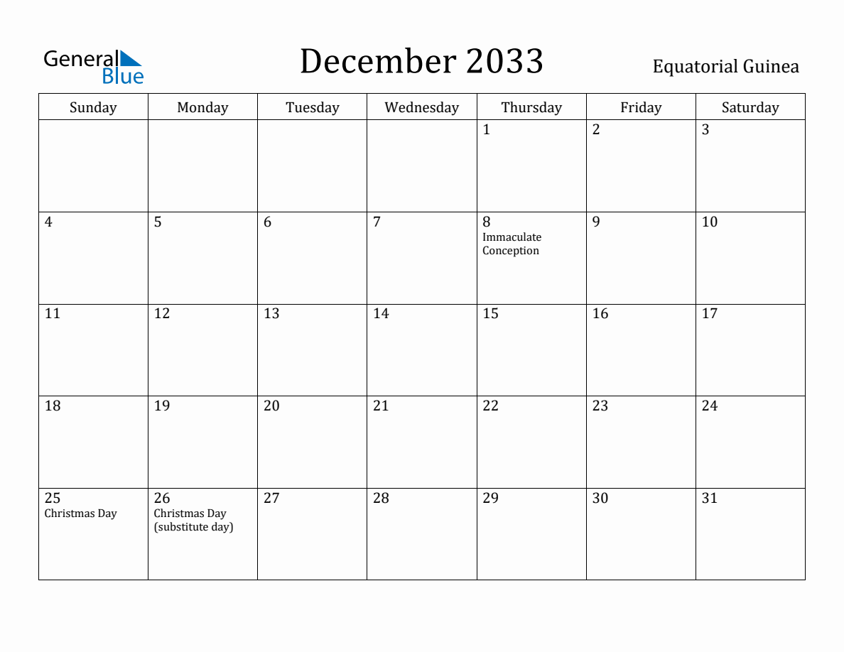 December 2033 Monthly Calendar with Equatorial Guinea Holidays
