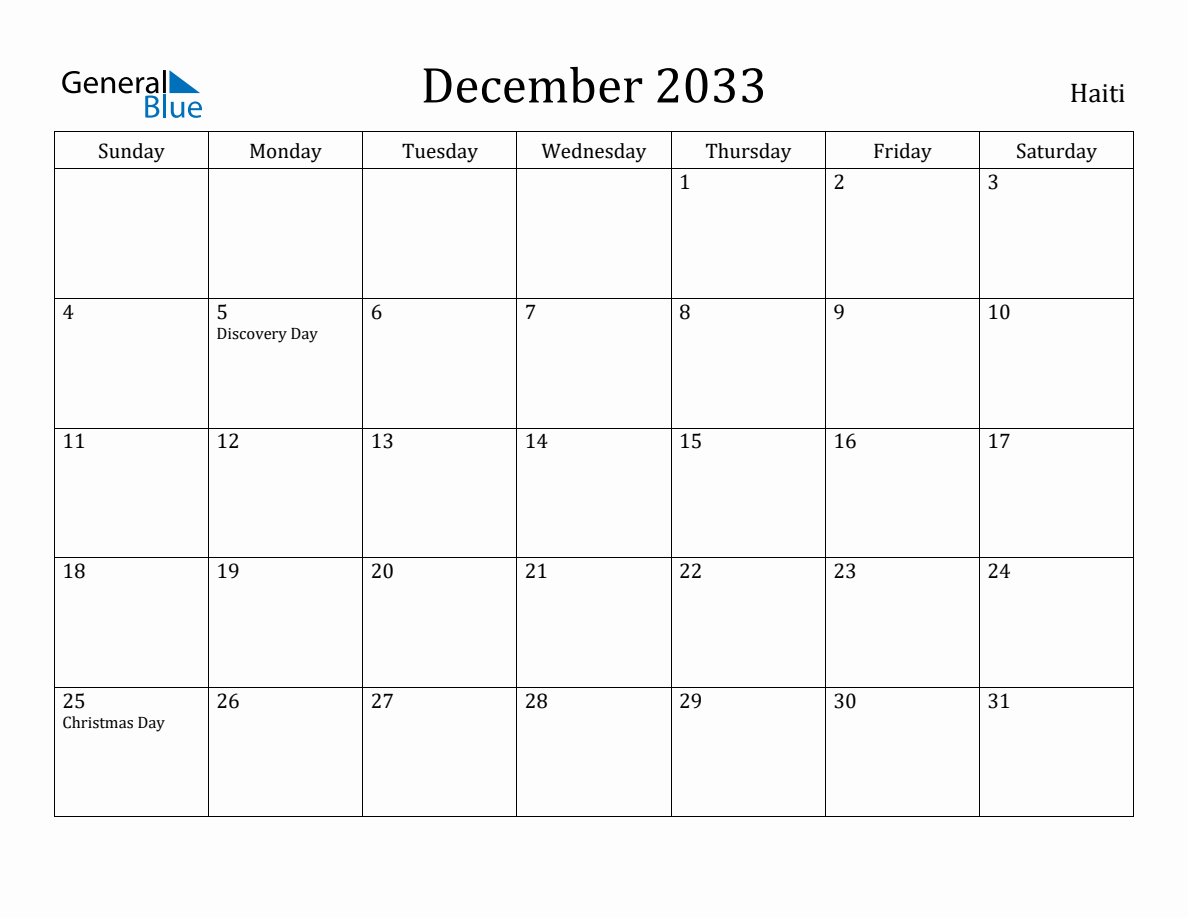 December 2033 Monthly Calendar with Haiti Holidays