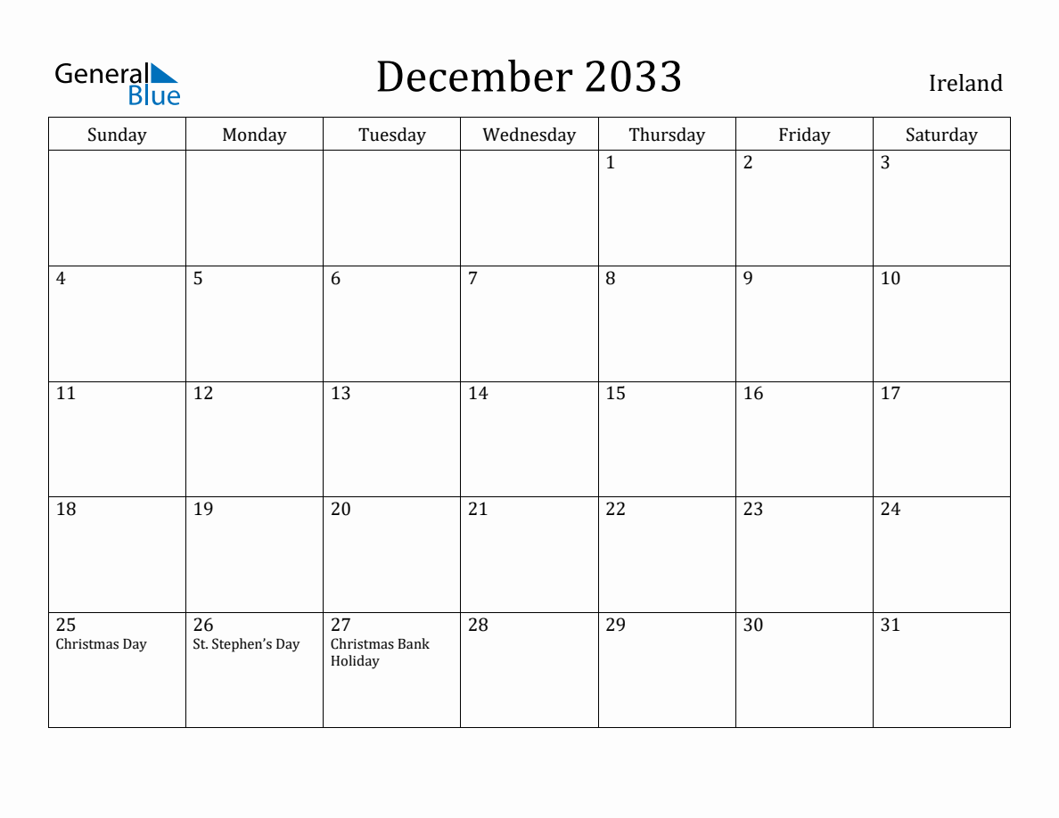 December 2033 Monthly Calendar with Ireland Holidays