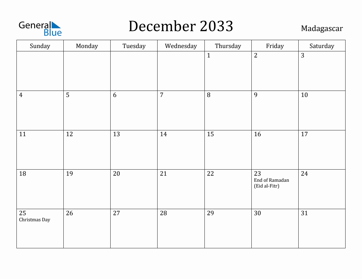 December 2033 Monthly Calendar with Madagascar Holidays