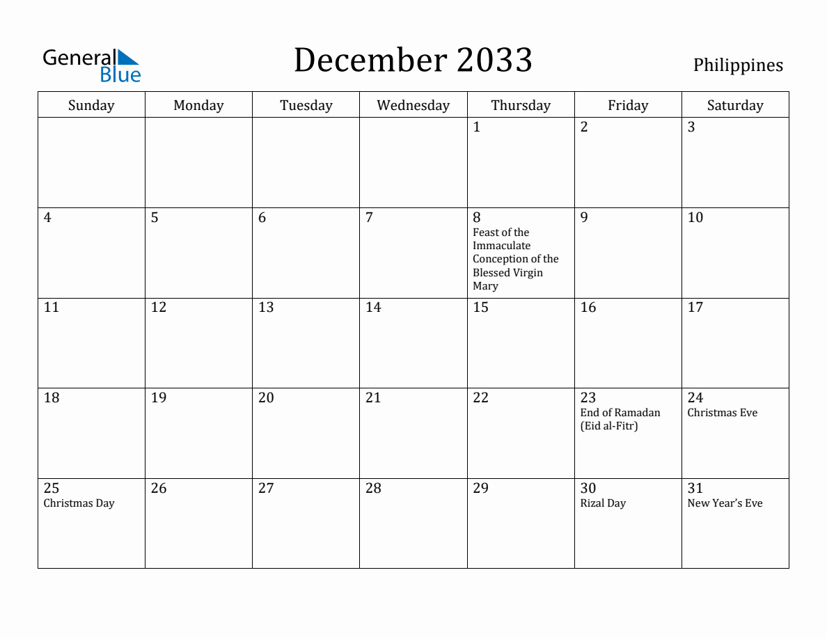 December 2033 Monthly Calendar with Philippines Holidays
