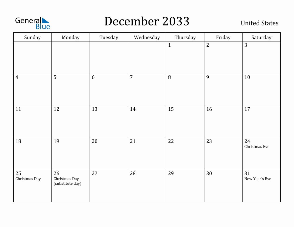December 2033 Monthly Calendar with United States Holidays