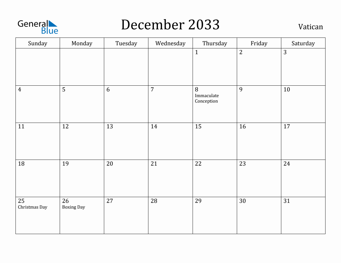 December 2033 Monthly Calendar with Vatican Holidays
