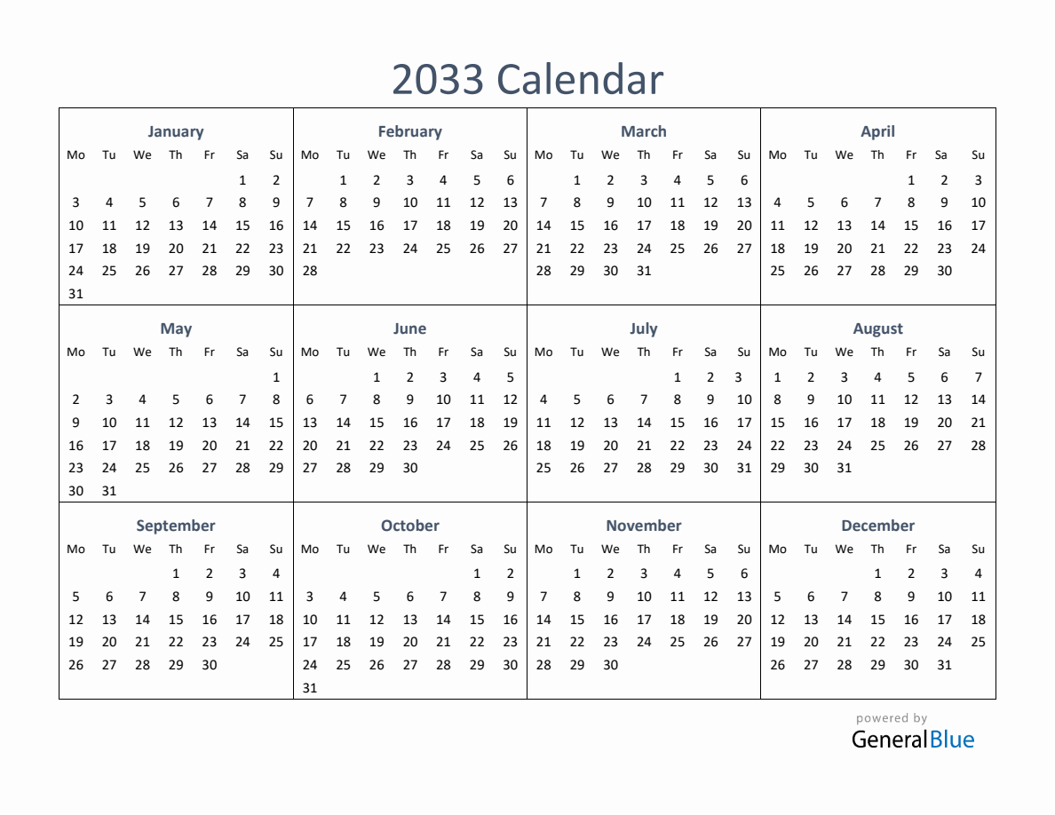 One-Page Yearly Calendar 2033 (PDF, Excel, Word) with Monday Start