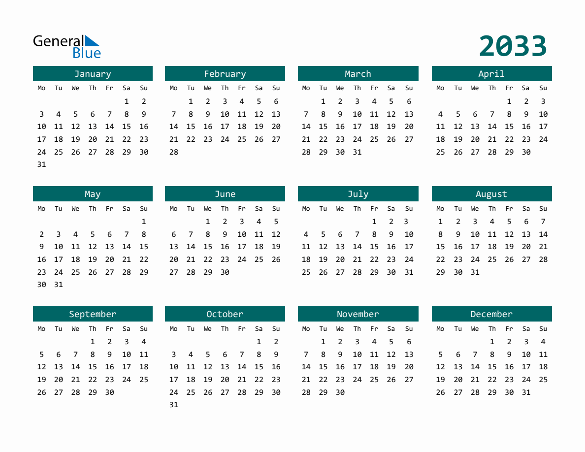 2033 Full-Year Calendar with Monday Start