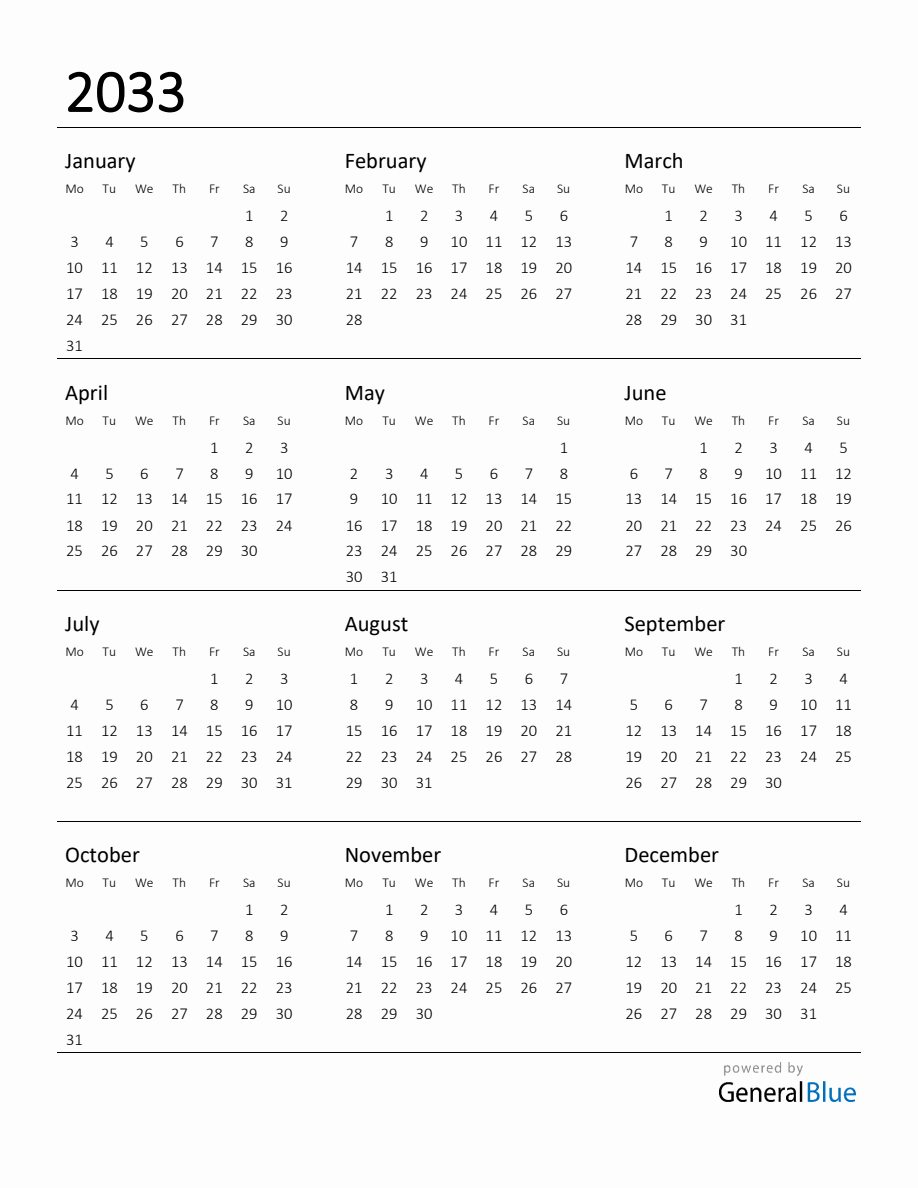 Printable Calendar for 2033 with Monday Start