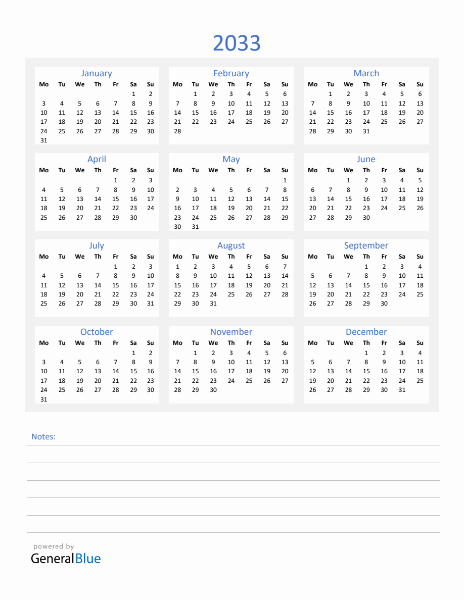 2033 Yearly Calendar with Notes with Monday Start