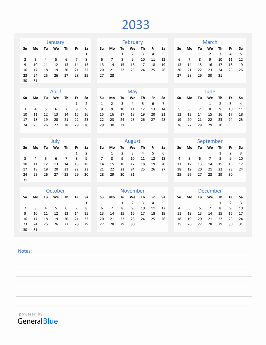 2033 Yearly Calendar with Notes