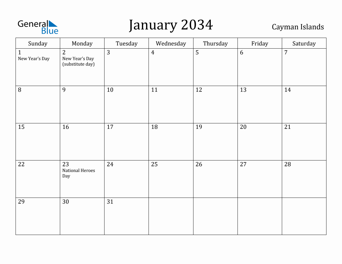 January 2034 Monthly Calendar with Cayman Islands Holidays