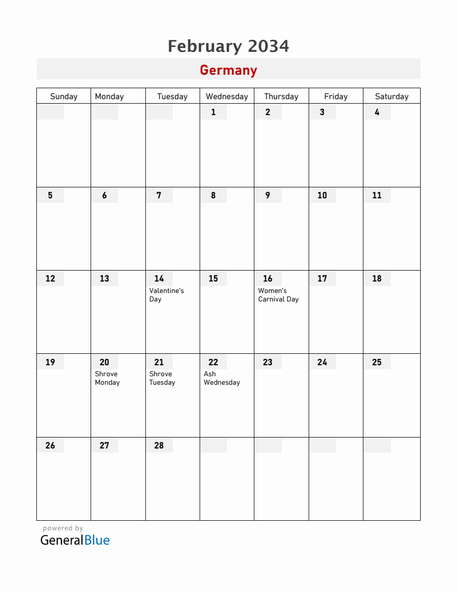Germany February 2034 Calendar with Holidays