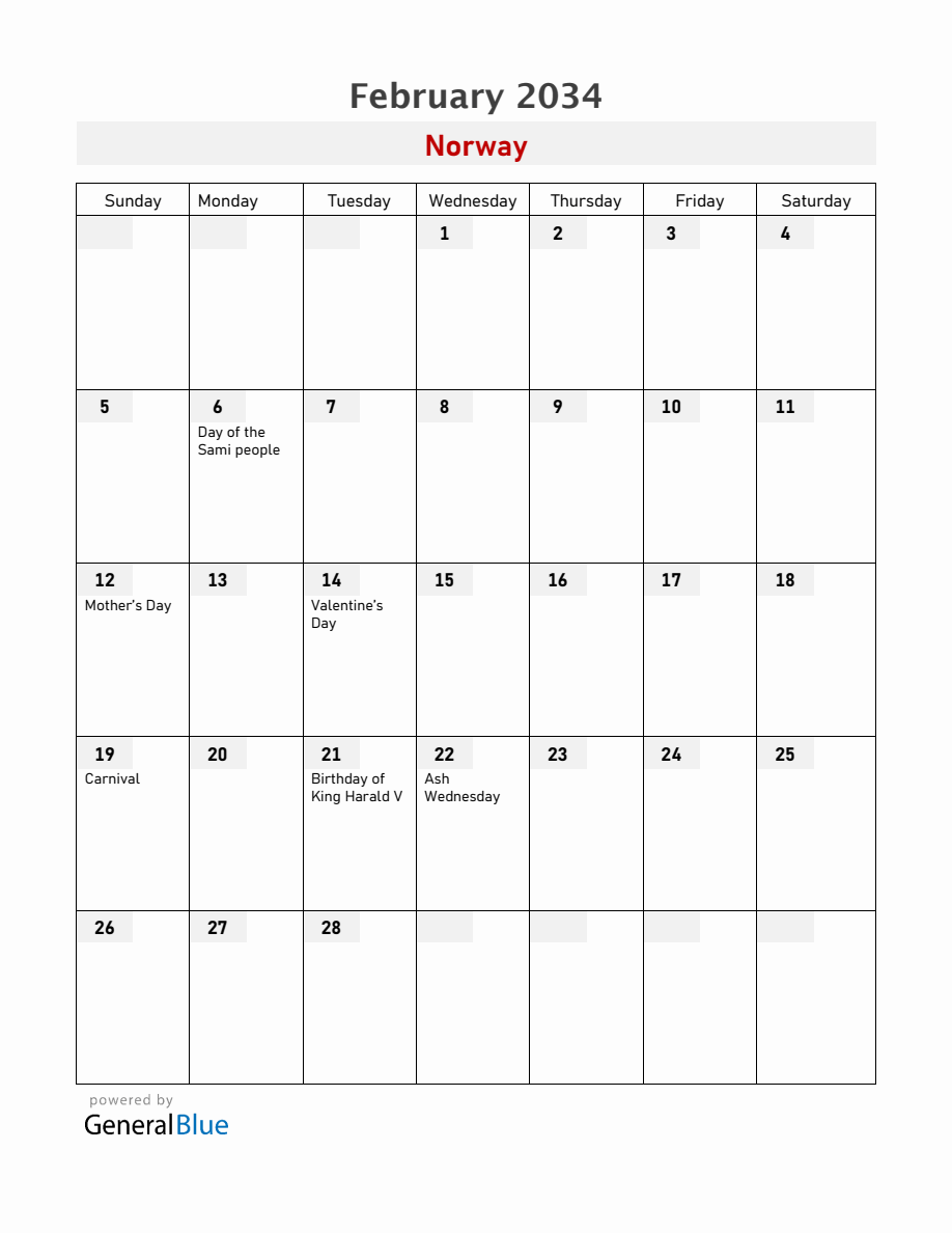 Norway February 2034 Calendar with Holidays