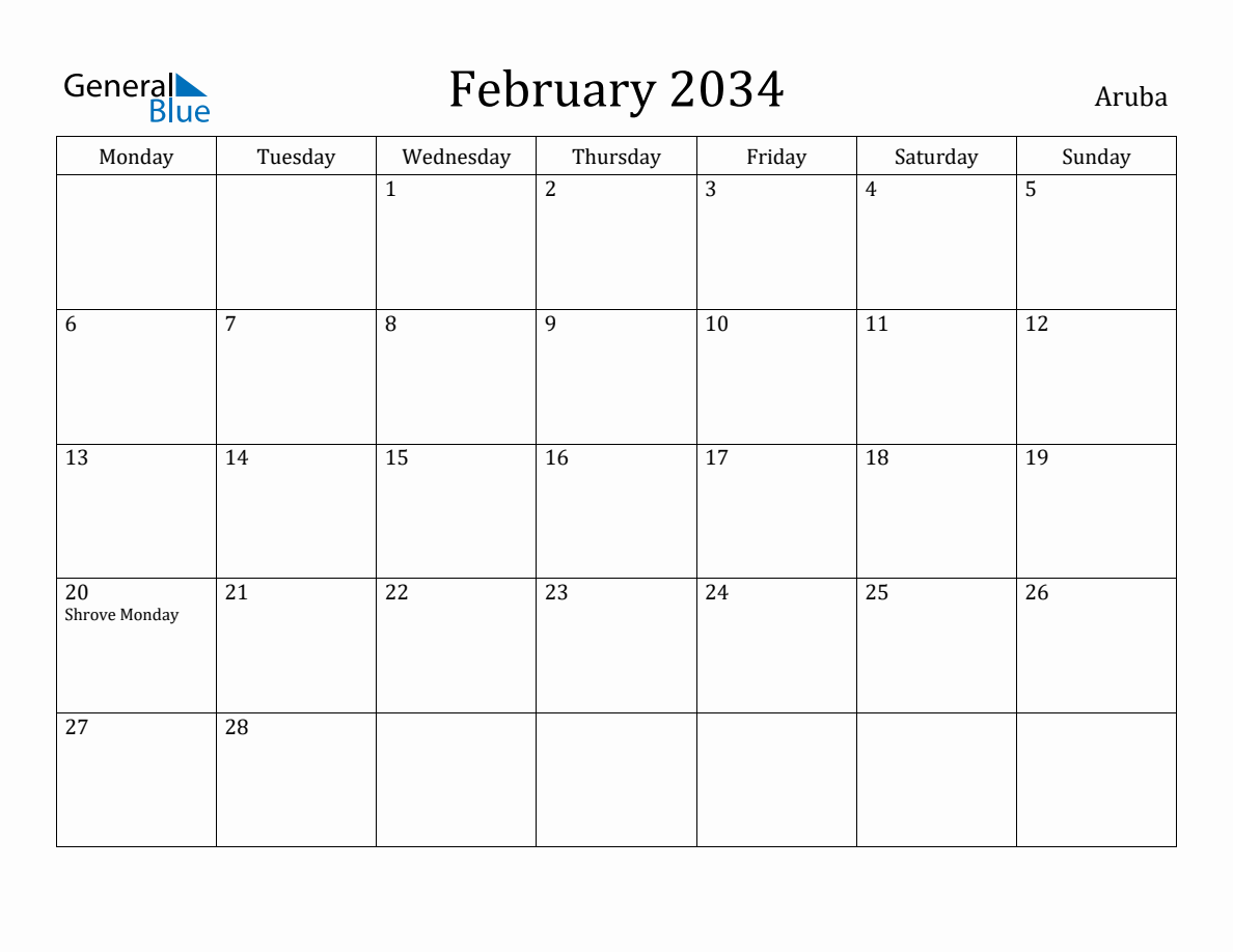 February 2034 - Aruba Monthly Calendar with Holidays