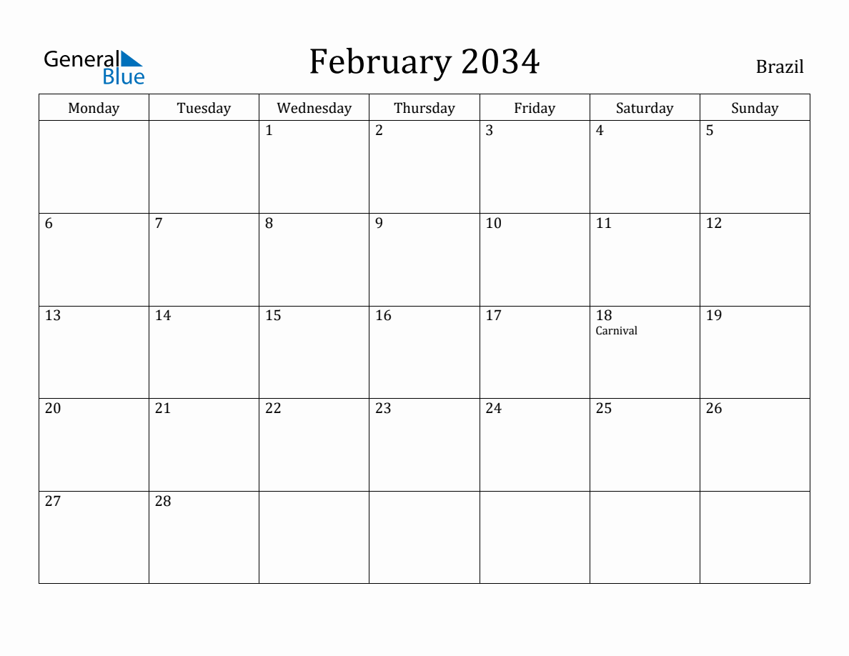 February 2034 Monthly Calendar with Brazil Holidays (Monday Start)