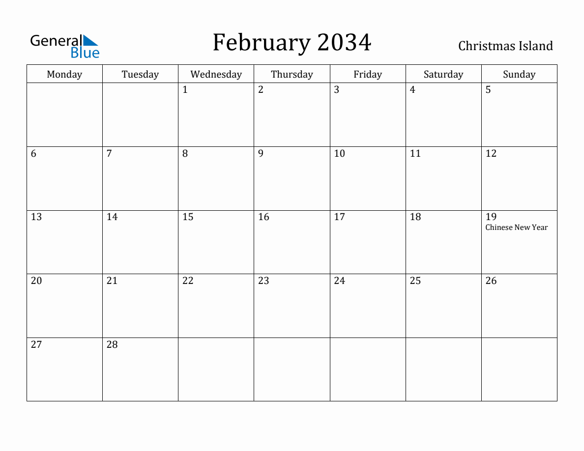 February 2034 Monthly Calendar with Christmas Island Holidays (Monday ...