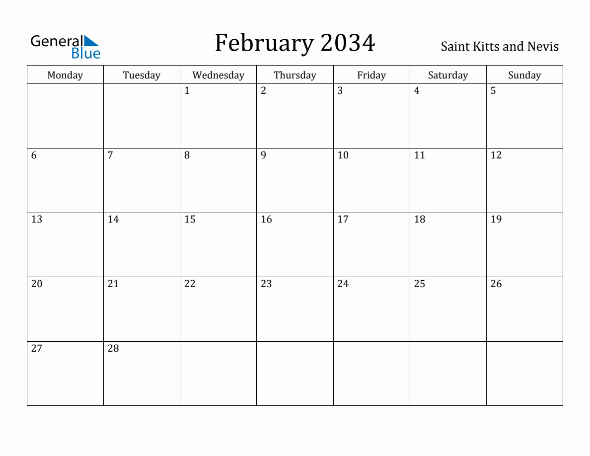 February 2034 Monthly Calendar with Saint Kitts and Nevis Holidays ...