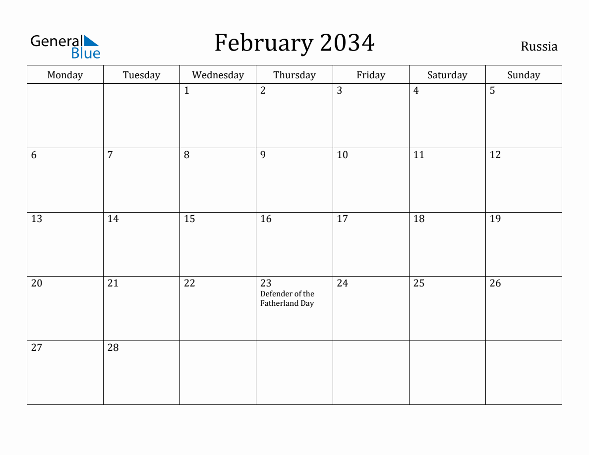 February 2034 - Russia Monthly Calendar with Holidays