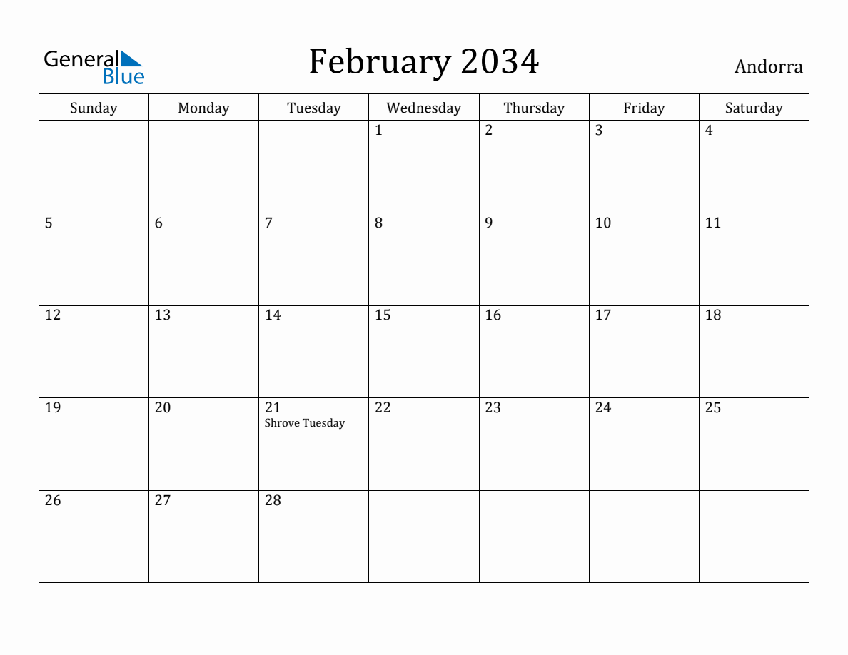 February 2034 Monthly Calendar with Andorra Holidays
