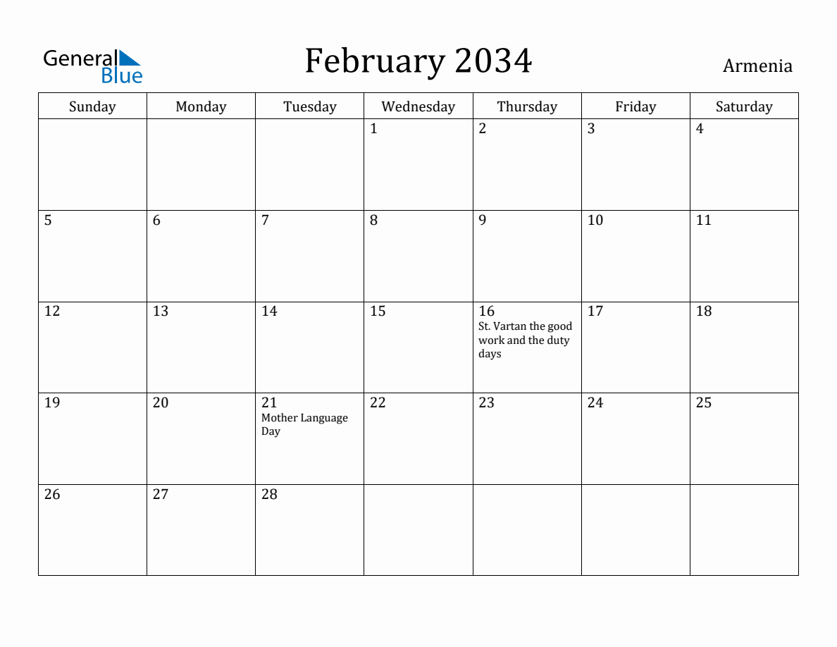 February 2034 Monthly Calendar with Armenia Holidays