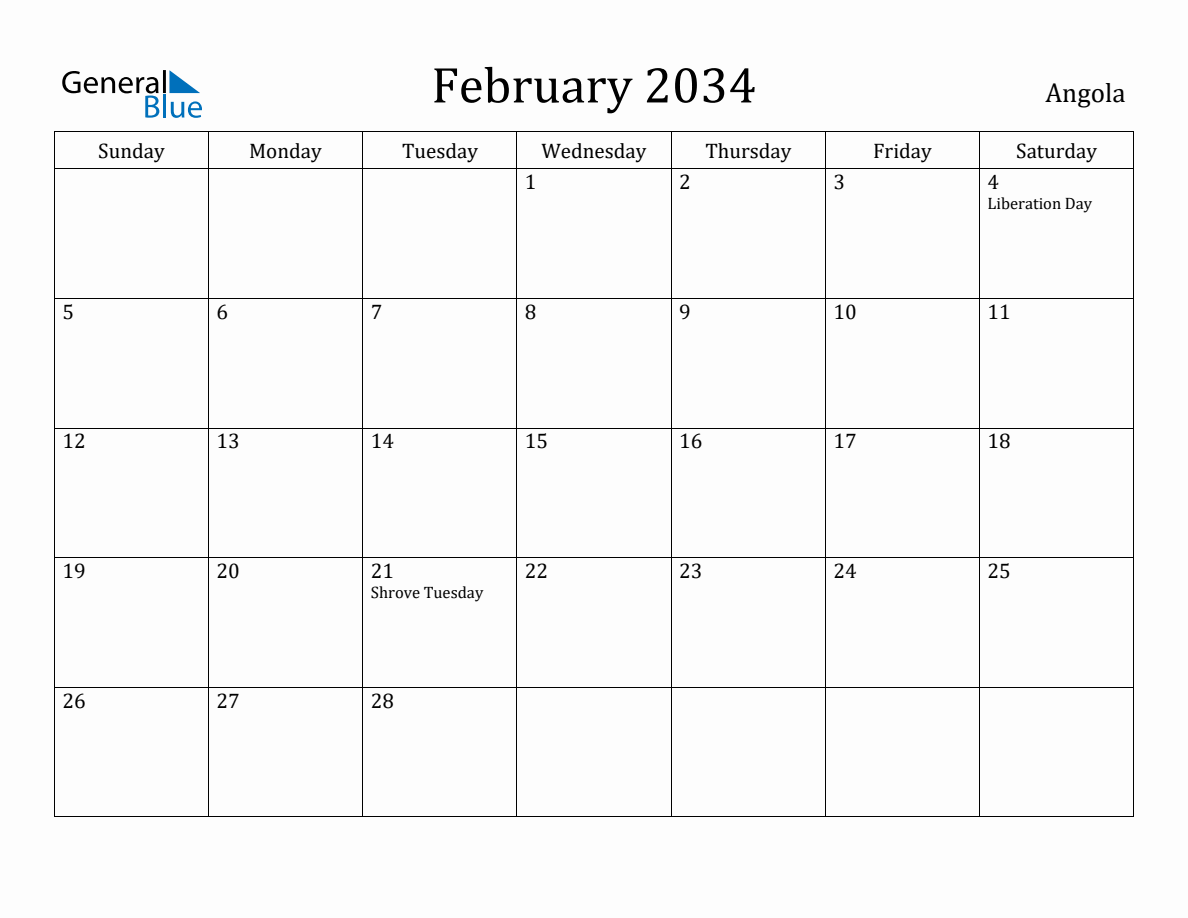 February 2034 Monthly Calendar with Angola Holidays