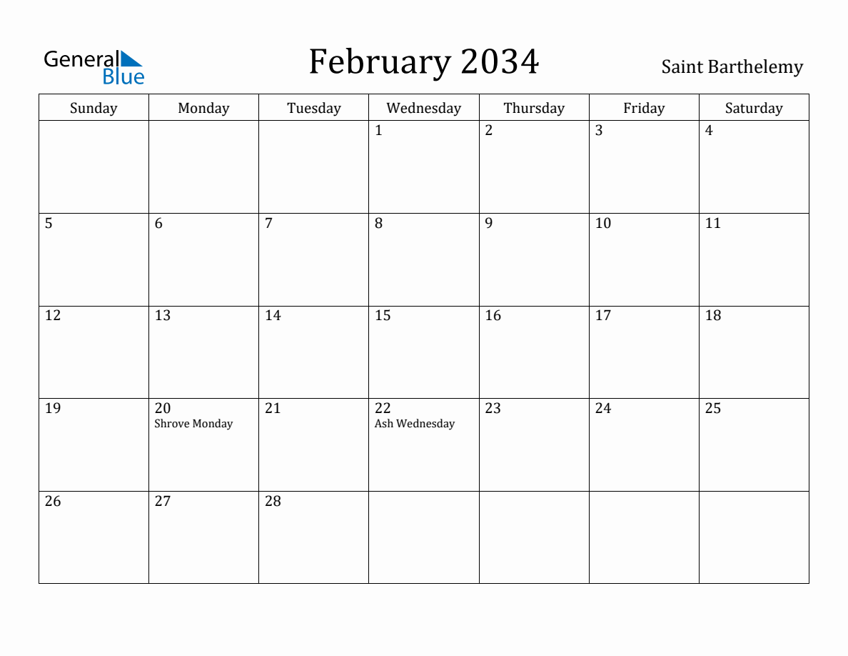 February 2034 Monthly Calendar with Saint Barthelemy Holidays