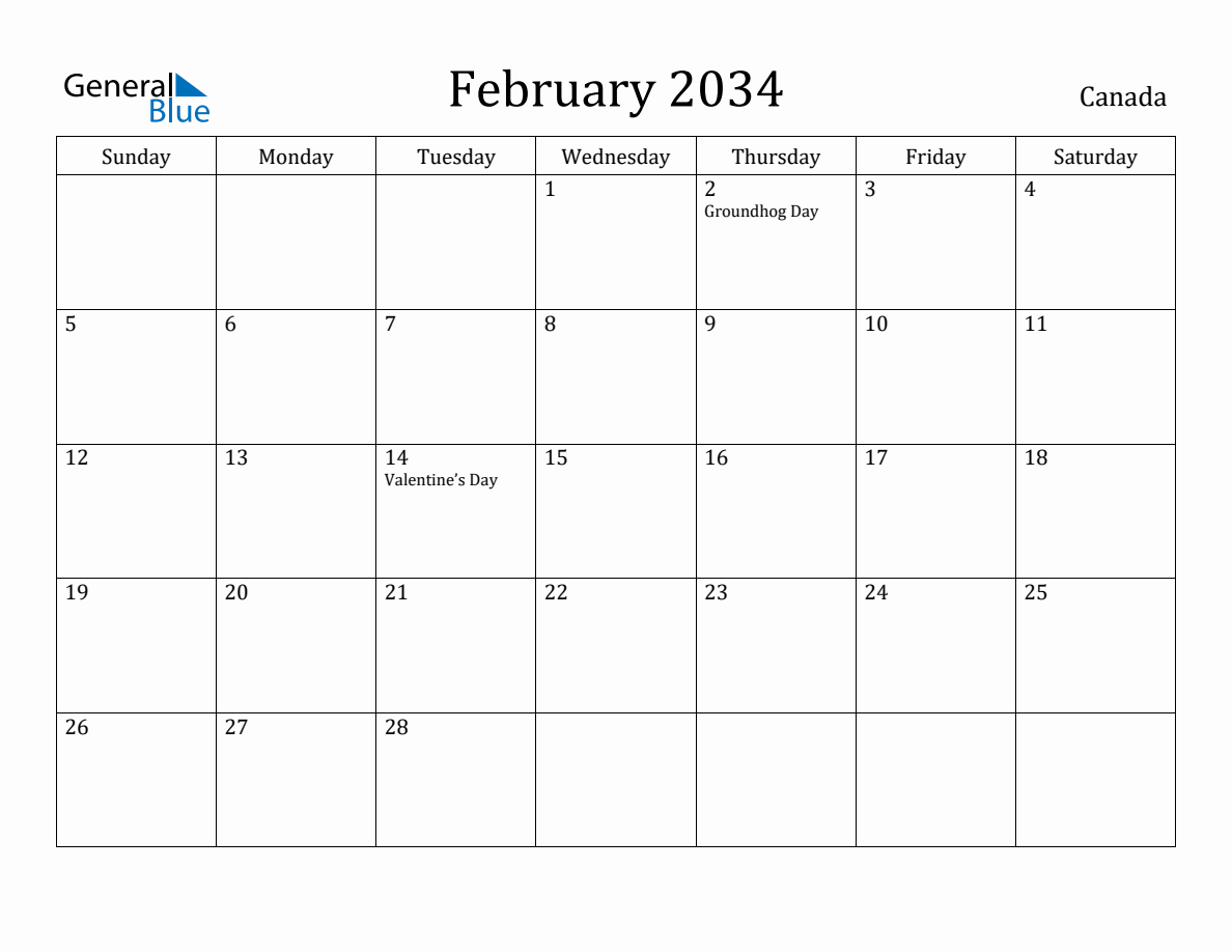 February 2034 Monthly Calendar with Canada Holidays