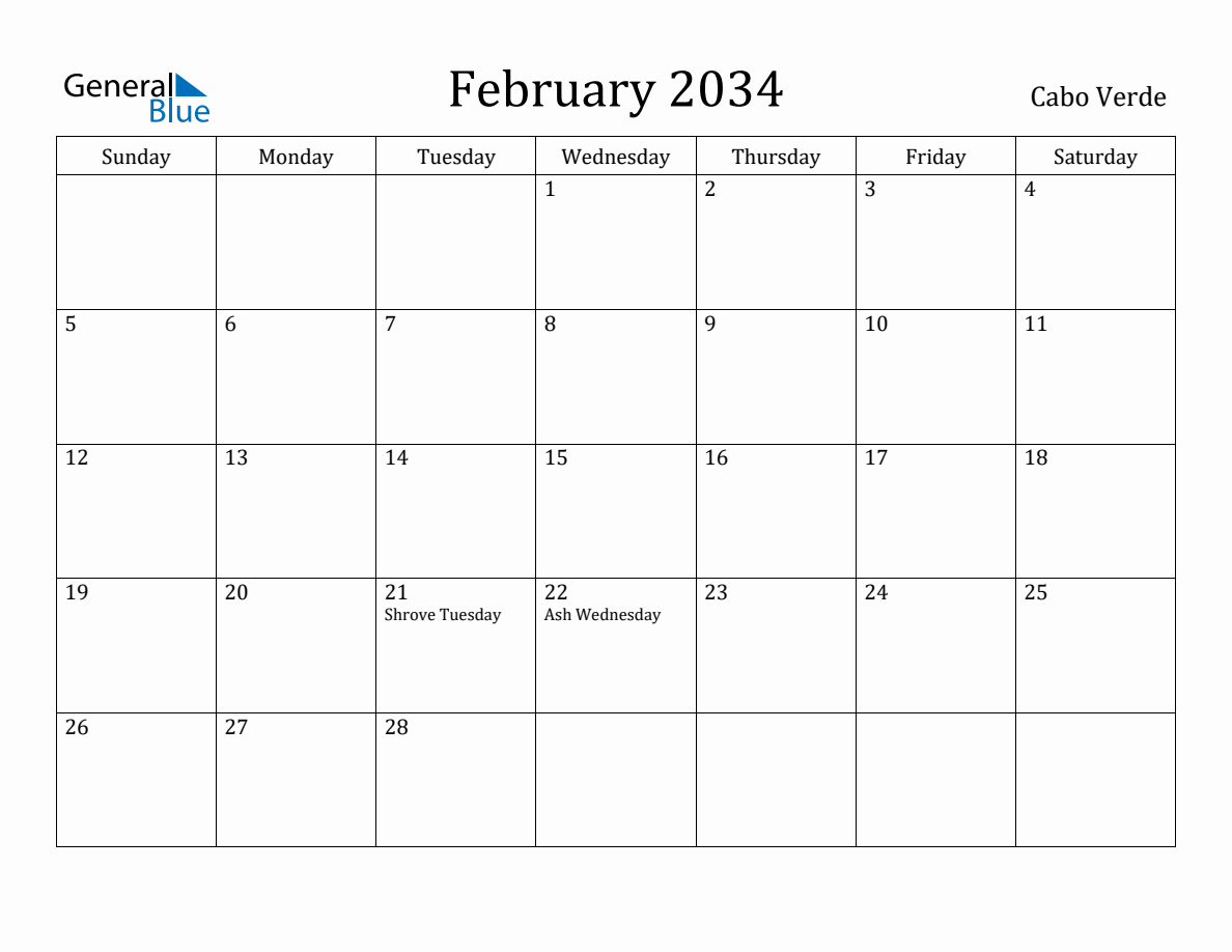February 2034 Monthly Calendar with Cabo Verde Holidays