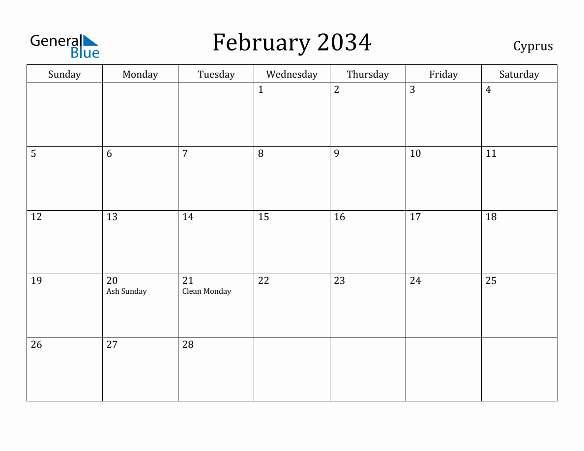 February 2034 Monthly Calendar with Cyprus Holidays
