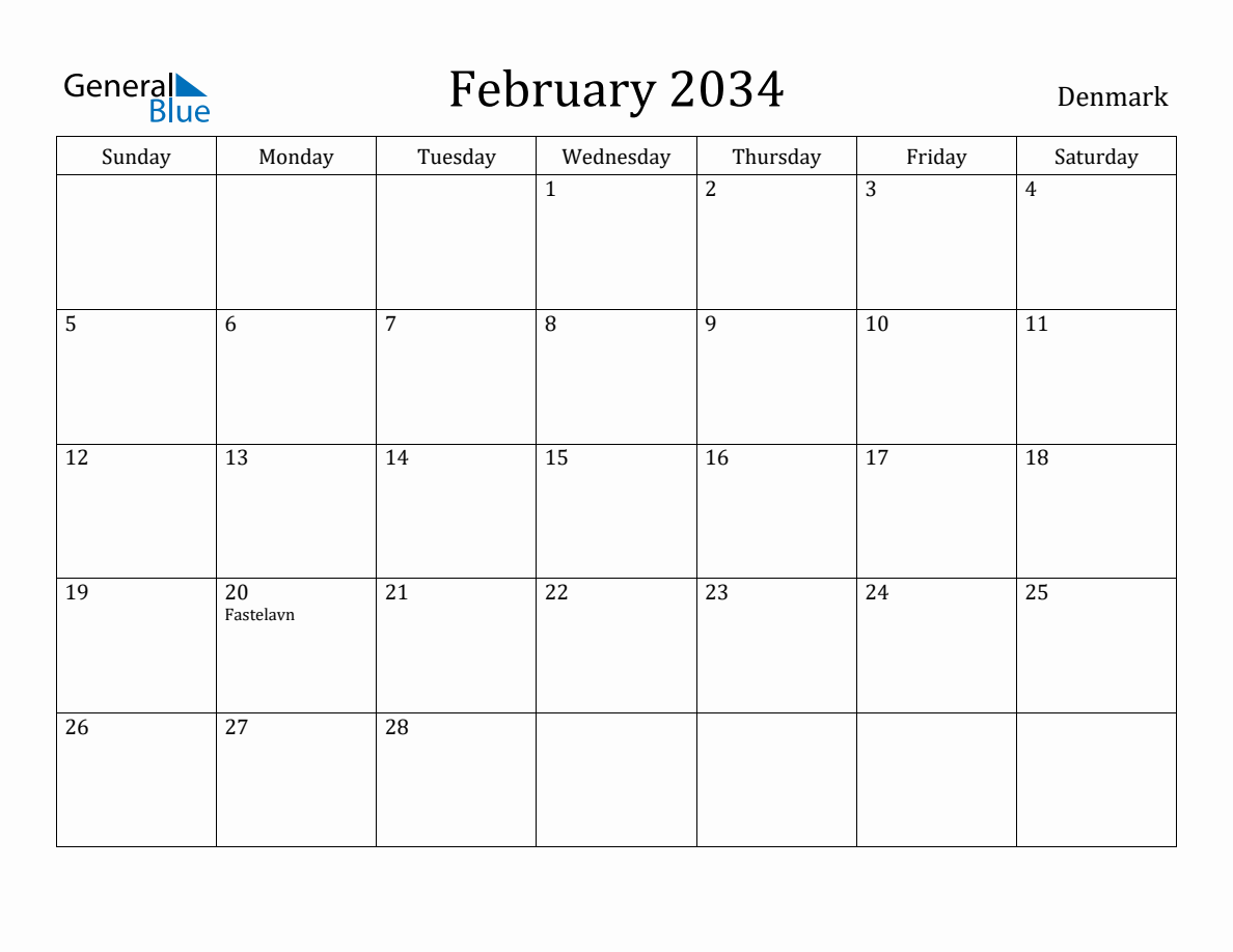 February 2034 Monthly Calendar with Denmark Holidays