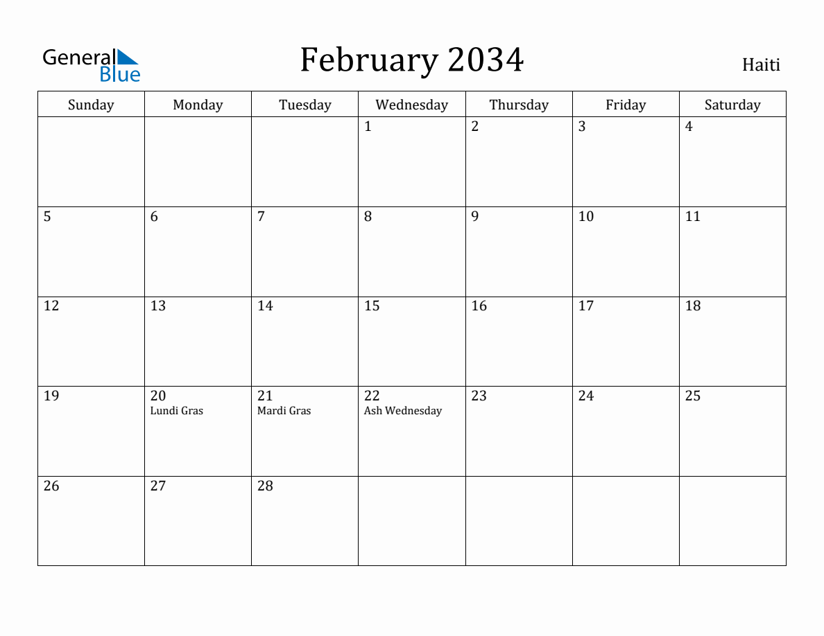 February 2034 Monthly Calendar with Haiti Holidays