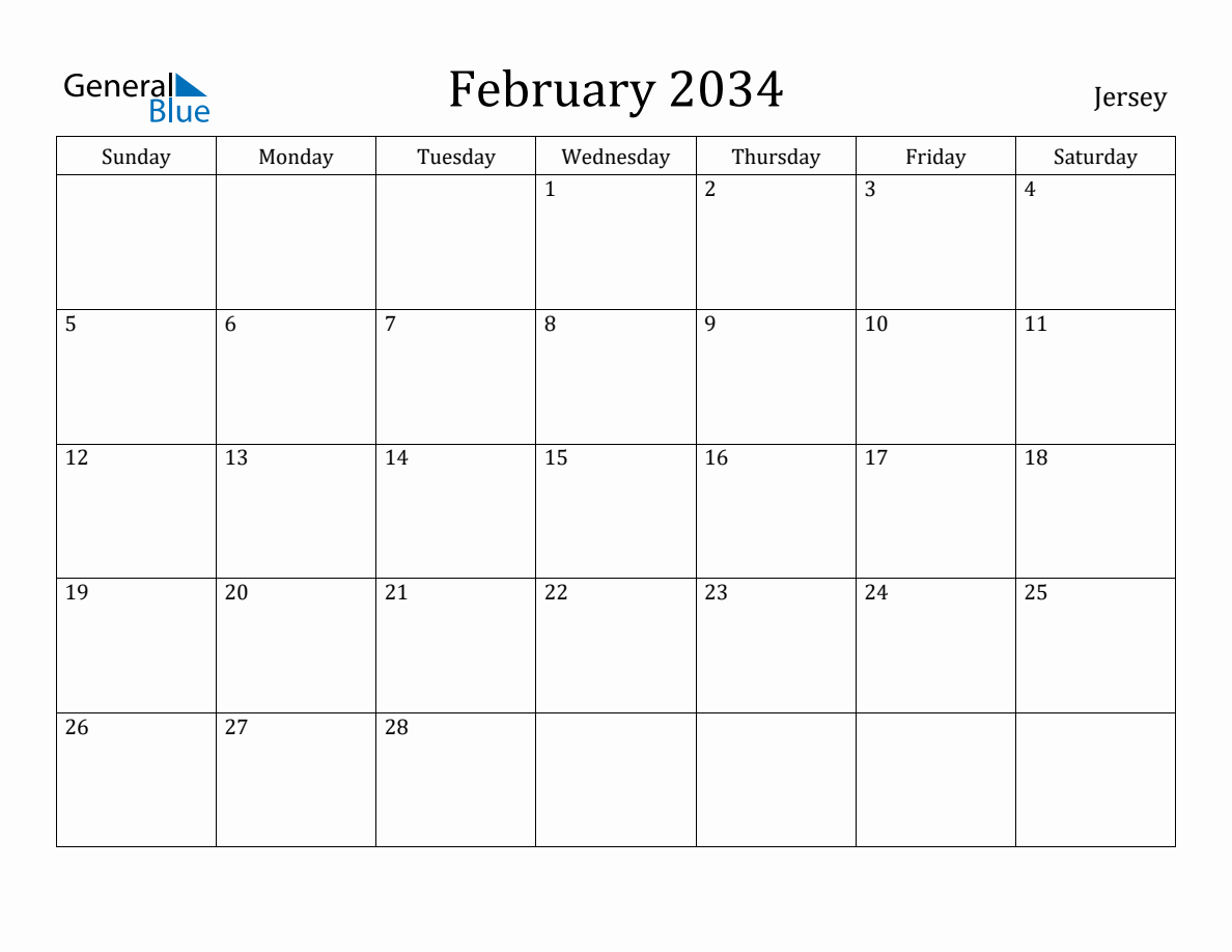 February 2034 Monthly Calendar with Jersey Holidays