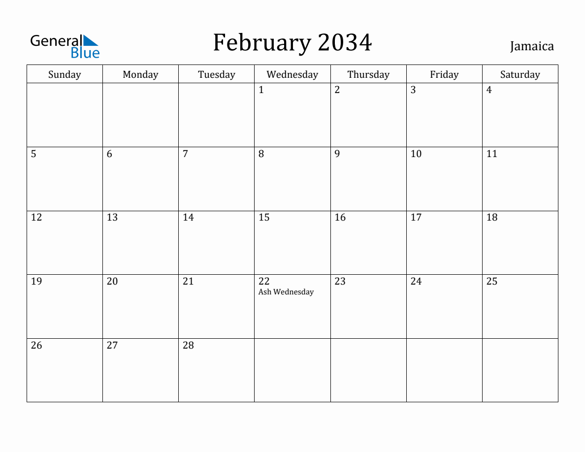 February 2034 Monthly Calendar with Jamaica Holidays