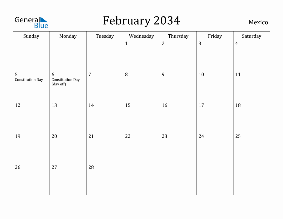 February 2034 Monthly Calendar with Mexico Holidays