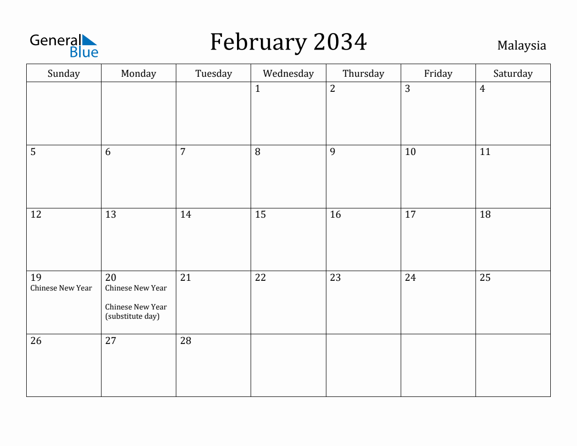 February 2034 Monthly Calendar with Malaysia Holidays