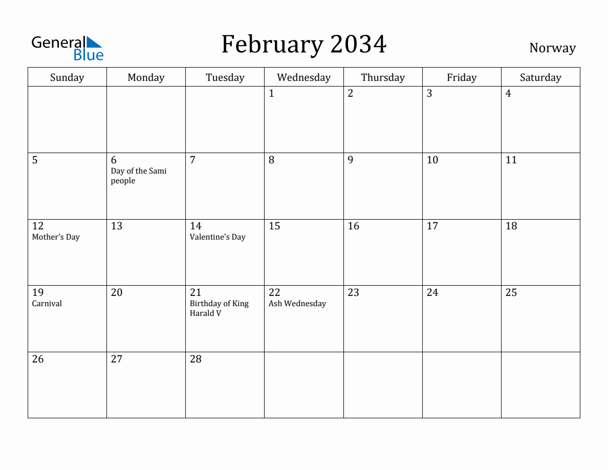 February 2034 Monthly Calendar with Norway Holidays