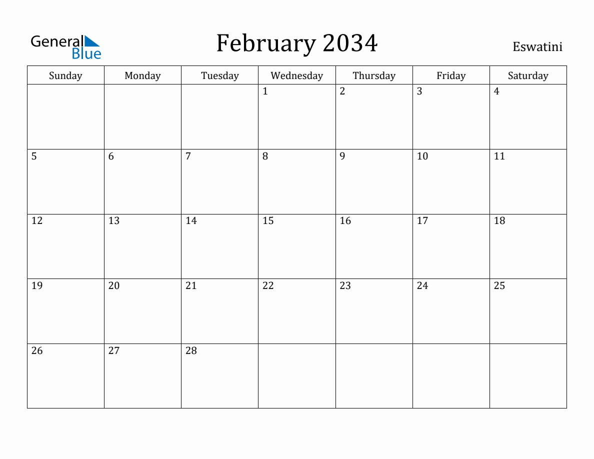February 2034 Monthly Calendar with Eswatini Holidays
