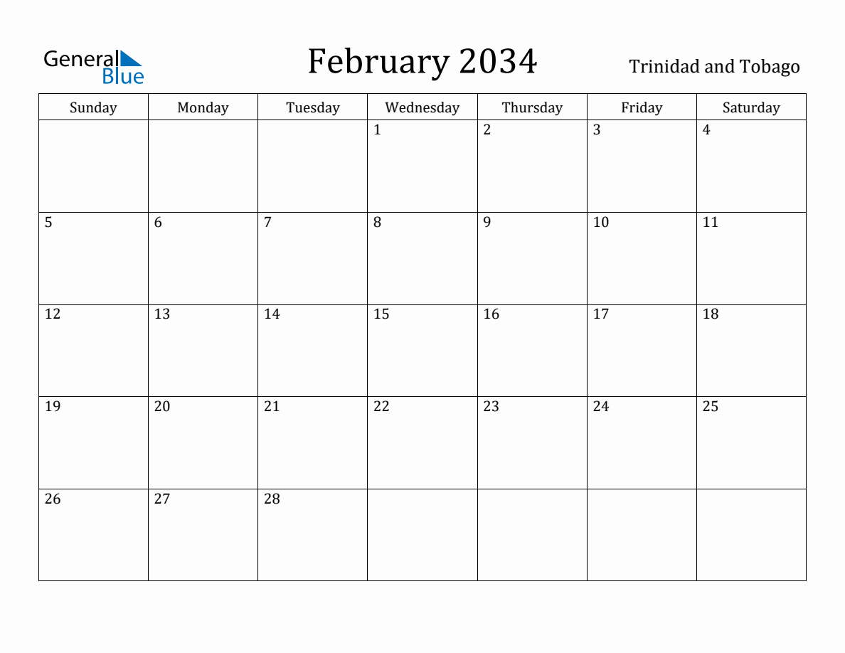 February 2034 Monthly Calendar with Trinidad and Tobago Holidays